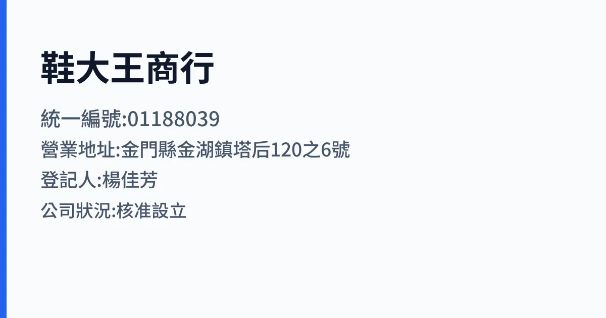 鞋大王商行 - 統編 01188039(金門縣) 公司登記資料與營業項目詳細圖表