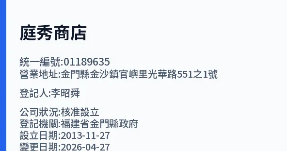 庭秀商店的照片-統編 01189635(金門縣) 公司登記資料與營業項目詳細圖表