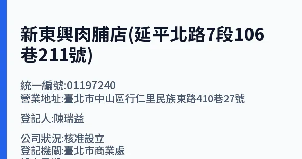 新東興肉脯店(延平北路7段106巷211號)的照片-統編 01197240(臺北市) 公司登記資料與營業項目詳細圖表