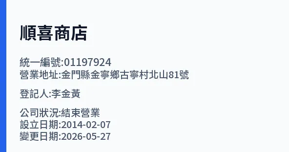 順喜商店的照片-統編 01197924(金門縣) 公司登記資料與營業項目詳細圖表