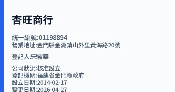 杏旺商行的照片-統編 01198894(金門縣) 公司登記資料與營業項目詳細圖表