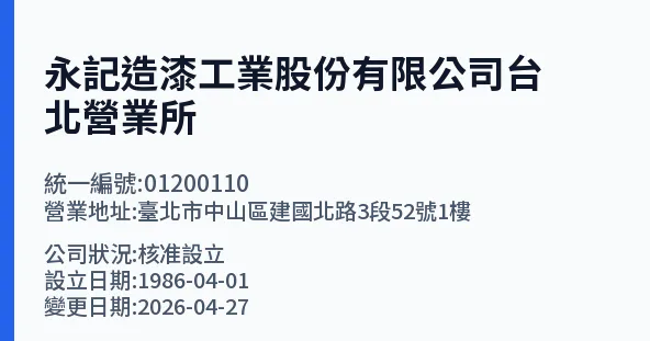 永記造漆工業股份有限公司台北營業所的照片-統編 01200110(臺北市) 公司登記資料與營業項目詳細圖表