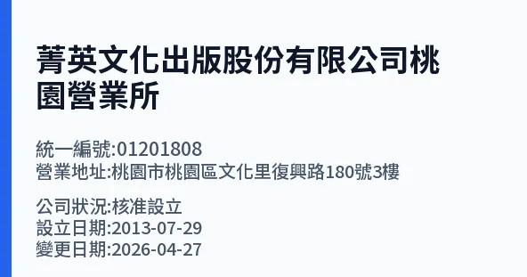 菁英文化出版股份有限公司桃園營業所的照片-統編 01201808(桃園市) 公司登記資料與營業項目詳細圖表