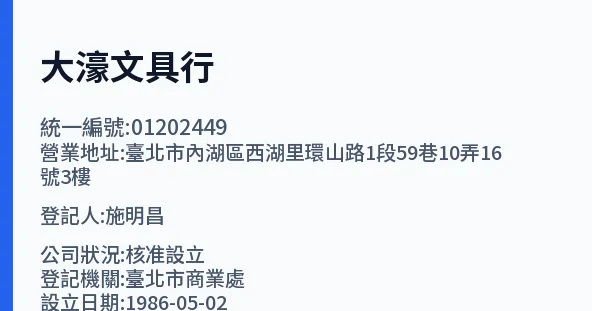 大濠文具行的照片-統編 01202449(臺北市) 公司登記資料與營業項目詳細圖表