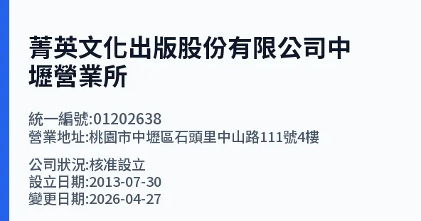 菁英文化出版股份有限公司中壢營業所的照片-統編 01202638(桃園市) 公司登記資料與營業項目詳細圖表