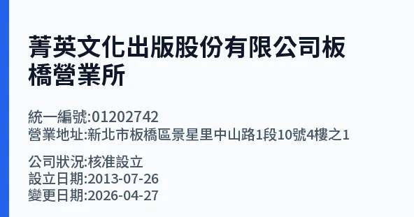 菁英文化出版股份有限公司板橋營業所的照片-統編 01202742(新北市) 公司登記資料與營業項目詳細圖表