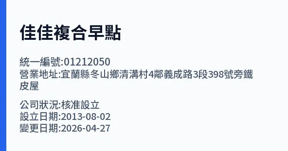 佳佳複合早點的照片-統編 01212050(宜蘭縣) 公司登記資料與營業項目詳細圖表
