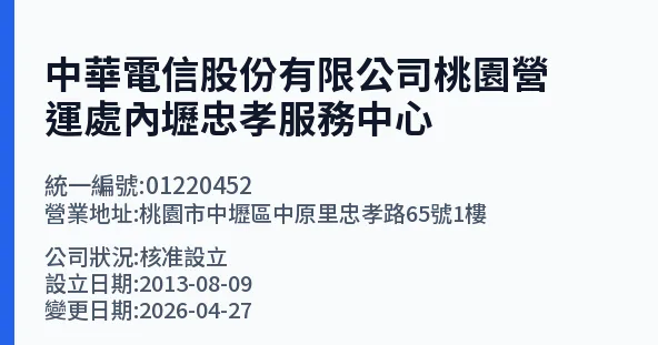 中華電信股份有限公司桃園營運處內壢忠孝服務中心的照片-統編 01220452(桃園市) 公司登記資料與營業項目詳細圖表