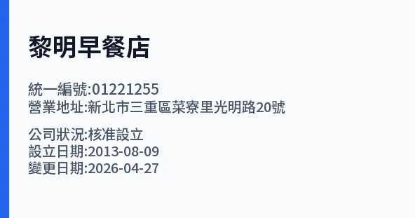 黎明早餐店的照片-統編 01221255(新北市) 公司登記資料與營業項目詳細圖表