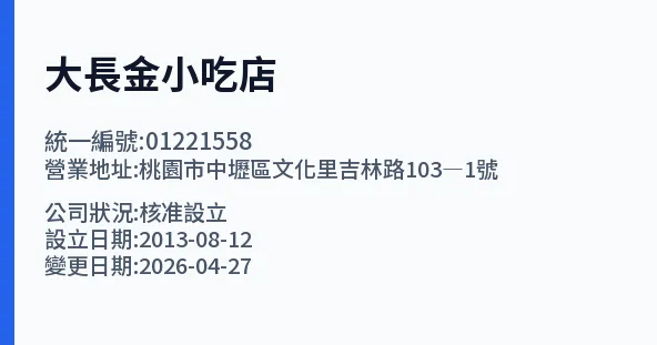大長金小吃店的照片-統編 01221558(桃園市) 公司登記資料與營業項目詳細圖表