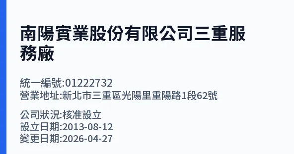 南陽實業股份有限公司三重服務廠的照片-統編 01222732(新北市) 公司登記資料與營業項目詳細圖表