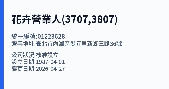 花卉營業人(3707,3807)的照片-統編 01223628(臺北市) 公司登記資料與營業項目詳細圖表