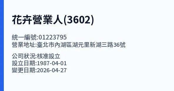 花卉營業人(3602)的照片-統編 01223795(臺北市) 公司登記資料與營業項目詳細圖表