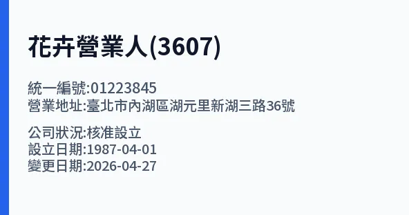 花卉營業人(3607)的照片-統編 01223845(臺北市) 公司登記資料與營業項目詳細圖表