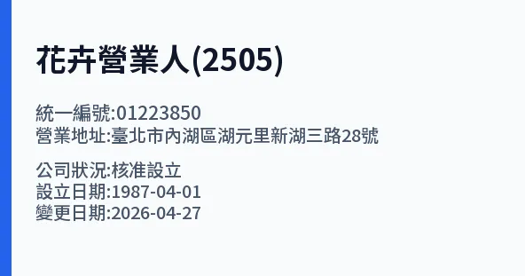 花卉營業人(2505)的照片-統編 01223850(臺北市) 公司登記資料與營業項目詳細圖表
