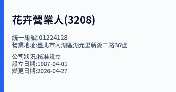 花卉營業人(3208)的照片-統編 01224128(臺北市) 公司登記資料與營業項目詳細圖表