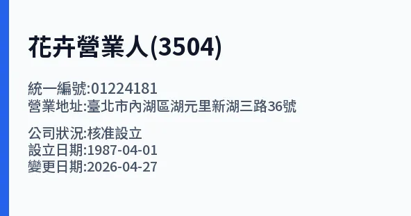 花卉營業人(3504)的照片-統編 01224181(臺北市) 公司登記資料與營業項目詳細圖表