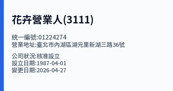 花卉營業人(3111)的照片-統編 01224274(臺北市) 公司登記資料與營業項目詳細圖表