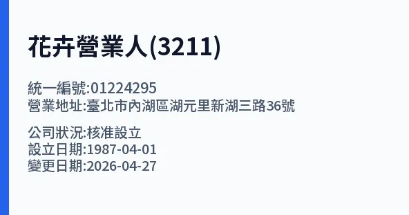 花卉營業人(3211)的照片-統編 01224295(臺北市) 公司登記資料與營業項目詳細圖表