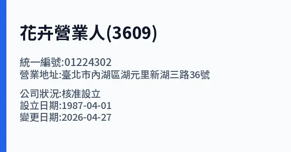 花卉營業人(3609)的照片-統編 01224302(臺北市) 公司登記資料與營業項目詳細圖表