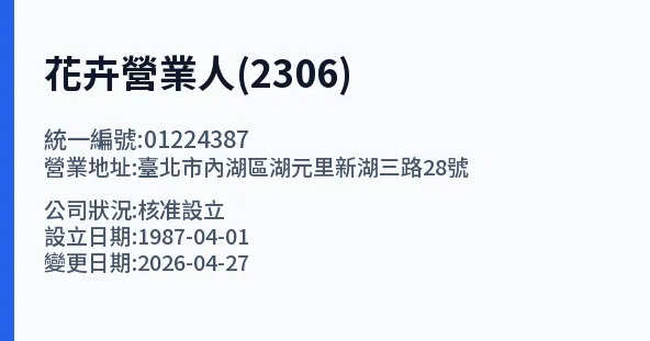 花卉營業人(2306)的照片-統編 01224387(臺北市) 公司登記資料與營業項目詳細圖表
