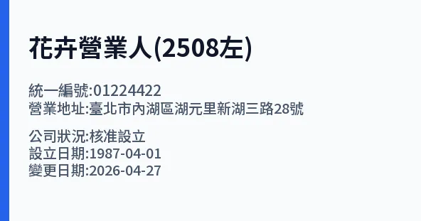 花卉營業人(2508左)的照片-統編 01224422(臺北市) 公司登記資料與營業項目詳細圖表