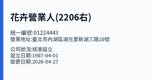 花卉營業人(2206右)的照片-統編 01224443(臺北市) 公司登記資料與營業項目詳細圖表