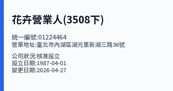 花卉營業人(3508下)的照片-統編 01224464(臺北市) 公司登記資料與營業項目詳細圖表