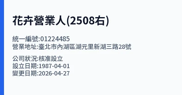 花卉營業人(2508右)的照片-統編 01224485(臺北市) 公司登記資料與營業項目詳細圖表