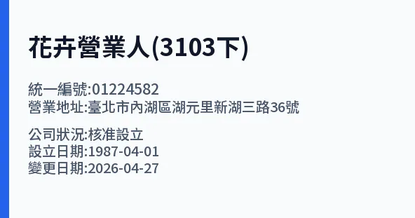 花卉營業人(3103下)的照片-統編 01224582(臺北市) 公司登記資料與營業項目詳細圖表