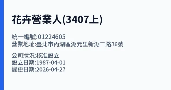 花卉營業人(3407上)的照片-統編 01224605(臺北市) 公司登記資料與營業項目詳細圖表