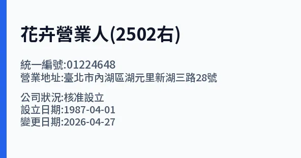 花卉營業人(2502右)的照片-統編 01224648(臺北市) 公司登記資料與營業項目詳細圖表