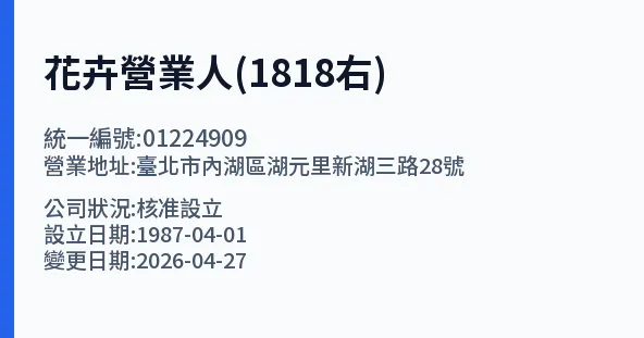 花卉營業人(1818右)的照片-統編 01224909(臺北市) 公司登記資料與營業項目詳細圖表