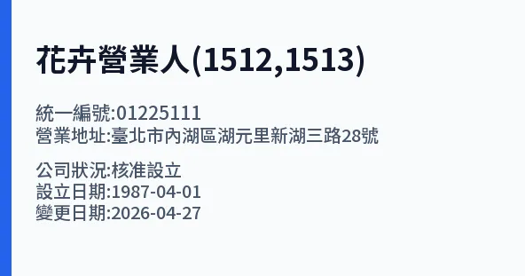 花卉營業人(1512,1513)的照片-統編 01225111(臺北市) 公司登記資料與營業項目詳細圖表