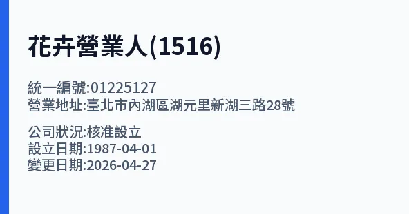 花卉營業人(1516)的照片-統編 01225127(臺北市) 公司登記資料與營業項目詳細圖表