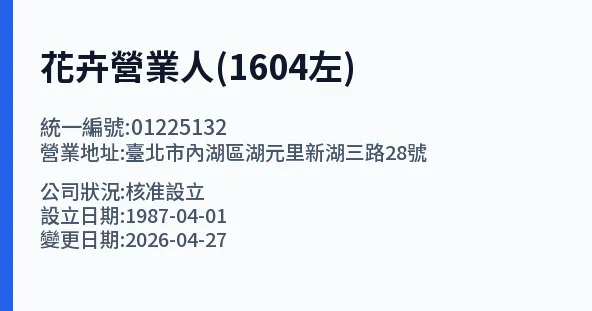 花卉營業人(1604左)的照片-統編 01225132(臺北市) 公司登記資料與營業項目詳細圖表