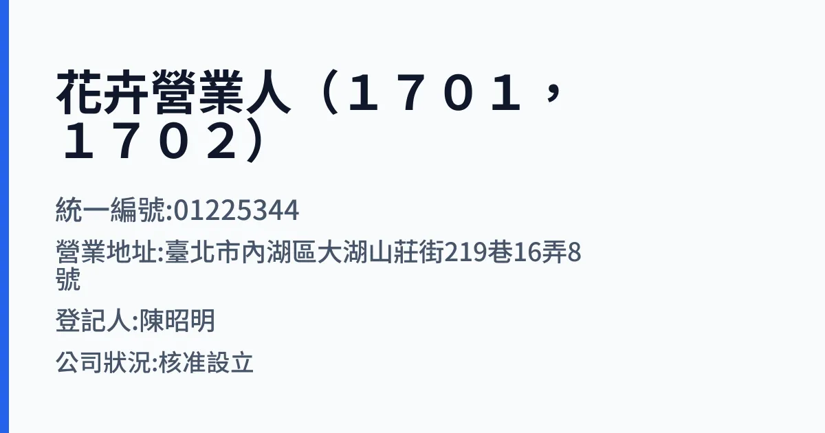 花卉營業人(1701,1702) - 統編 01225344(臺北市) 公司登記資料與營業項目詳細圖表