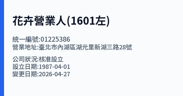 花卉營業人(1601左)的照片-統編 01225386(臺北市) 公司登記資料與營業項目詳細圖表