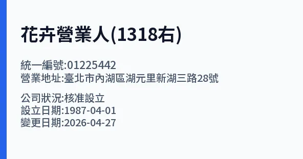 花卉營業人(1318右)的照片-統編 01225442(臺北市) 公司登記資料與營業項目詳細圖表