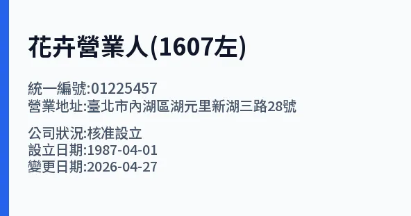 花卉營業人(1607左)的照片-統編 01225457(臺北市) 公司登記資料與營業項目詳細圖表