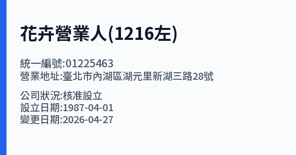 花卉營業人(1216左)的照片-統編 01225463(臺北市) 公司登記資料與營業項目詳細圖表