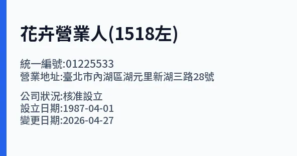 花卉營業人(1518左)的照片-統編 01225533(臺北市) 公司登記資料與營業項目詳細圖表