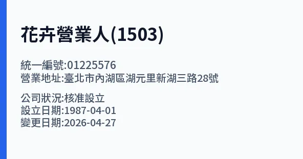 花卉營業人(1503)的照片-統編 01225576(臺北市) 公司登記資料與營業項目詳細圖表