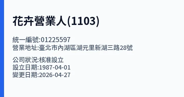 花卉營業人(1103)的照片-統編 01225597(臺北市) 公司登記資料與營業項目詳細圖表