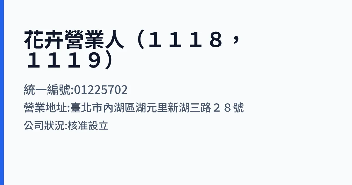 花卉營業人(1118,1119) - 統編 01225702(臺北市) 公司登記資料與營業項目詳細圖表