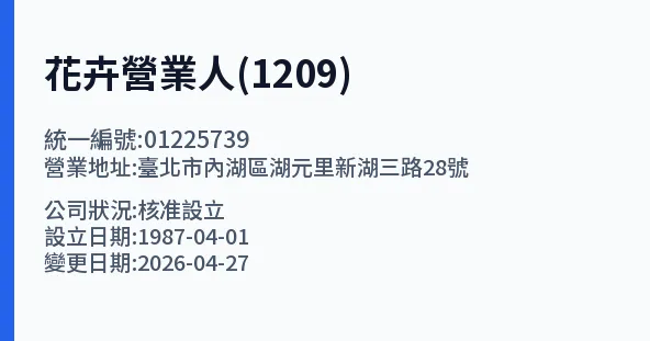 花卉營業人(1209)的照片-統編 01225739(臺北市) 公司登記資料與營業項目詳細圖表