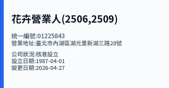花卉營業人(2506,2509)的照片-統編 01225843(臺北市) 公司登記資料與營業項目詳細圖表