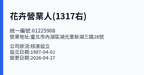 花卉營業人(1317右)的照片-統編 01225908(臺北市) 公司登記資料與營業項目詳細圖表