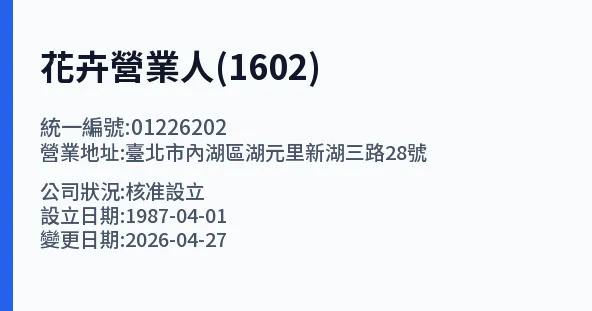 花卉營業人(1602)的照片-統編 01226202(臺北市) 公司登記資料與營業項目詳細圖表