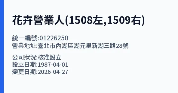 花卉營業人(1508左,1509右)的照片-統編 01226250(臺北市) 公司登記資料與營業項目詳細圖表